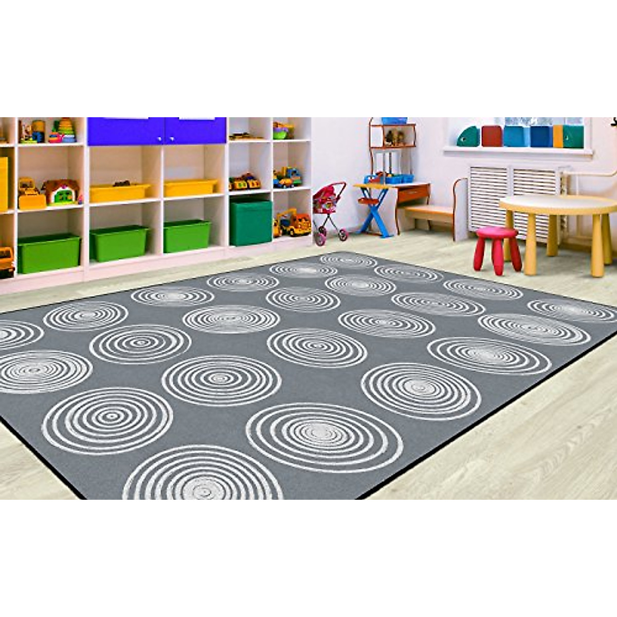 Flagship Carpets Circles Abstract Educational Area Rug for Kids Room Seating Décor, Children's Classroom, Play Carpet for Teaching and Playroom, Seats 24, 7'6" x 12', White & Grey