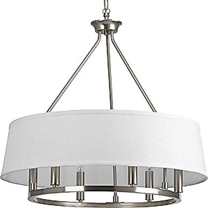 Cherish Collection 6-Light White Linen Shade Coastal Chandelier Light Brushed Nickel