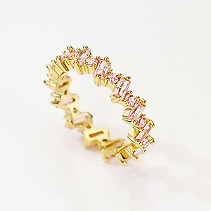 Michooyel 18K Gold Plated Eternity Band Ring Pink Cubic Zirconia Baguette Statement Ring for Women