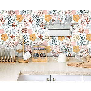 WENMER Floral Peel and Stick Wallpaper 17.71”×118”Boho Floral Wallpaper Pink Floral Contact Paper Self Adhesive Removable Wallpaper for Bathroom Cabinet Decorative