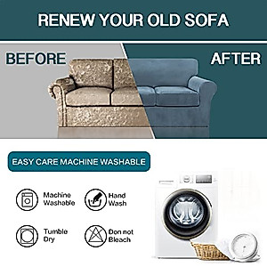 FantasDecor 4 Piece Sofa Velvet Couch Covers for 3 Cushion Stretch Slipcover with Individual Seat Cushion Elastic Furniture Protector for Pets, Machine Washable (Sofa,Stone Blue)