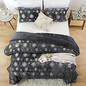 YIRDDEO Grey Duvet Cover Queen with Silver Snowflake 3 Pieces Christmas Bedding Duvet Cover Sets for Queen Size Bed Soft Microfiber Duvet Winter Plush 2 Pillow Cases