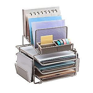 DESIGNA Stackable Mesh Desk Organizer with 3 Sliding Letter Trays 4 File Holders 2 Side Compartments & Pencil Holder Non-slip All In One Desktop Accessories Organizers Office Storage, Champagne