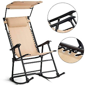 VBSQ Folding Rocking Chair Porch Gravity Patio Furniture W/Canopy Beige Chair Rocking Chair Rocker Chair Rocker Camp Chair Rocker Recliner Rocking Camp Chair Rocking Chairs Outdoor rocki