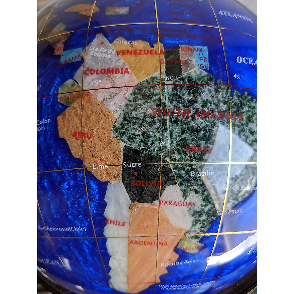 Limited Edition! Unique Art Since 1996 Blue Pearl Swirl Table Top Gemstone World Globe with Silver Zinc Alloy Stand (220MM/9 INCHES 4 LEG/BLUE PEARL OCEAN)