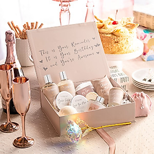 Birthday Gifts for Women, Birthday Spa Gift Basket for Women, Luxury Birthday Spa Gift Box with Vit E, Rich Bath Essentials, Diffuser, Candle, Sterling Silver CZ Heart Necklace, 24k Flower Rose & More