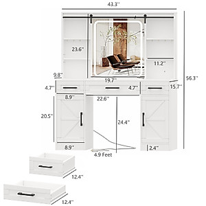 Irontar Farmhouse Makeup Vanity Desk with Sliding Mirror & Charging Station, Vanity Table with Lights & Hidden Storage Shelves, Makeup Desk with 3 Drawers and 2 Cabinets, White WDT009W