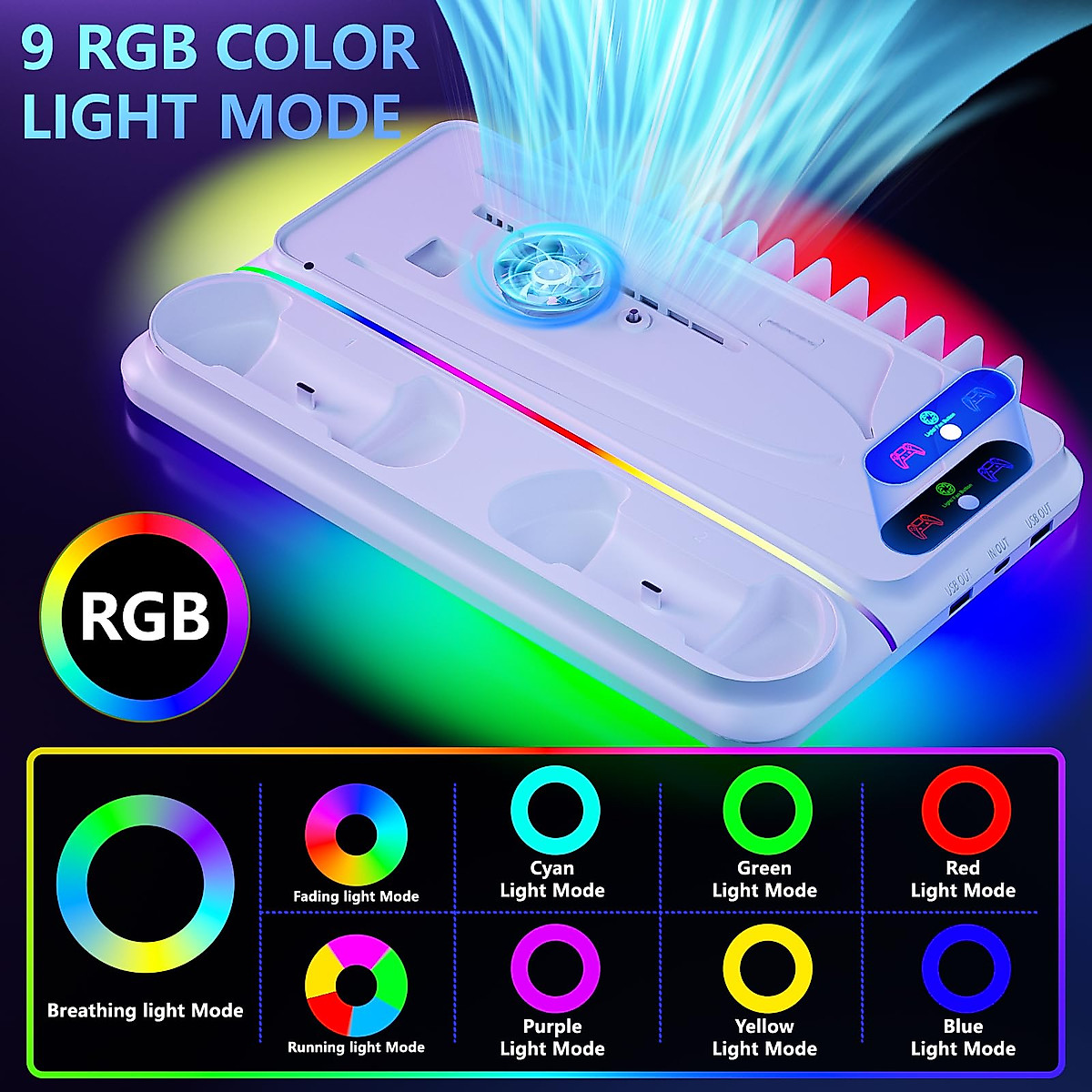 PS5 Pro Stand,PS 5 Cooling Station with Dual PS5 Controller Charger 3 Level Fan ,3 USB Hub Fast Charge drive 9 RGB Light hard ps5 Slim Stand for All Disc & Digital Console Playstation Vita Upgraded