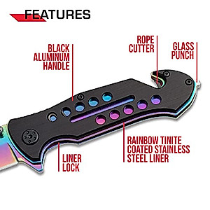 TAC Force Spring Assisted Folding Pocket Knife – Rainbow TiNite Coated Drop Point Blade and Liner, Black Aluminum Handle w/ Rope Cutter, Glass Punch, and Clip, Tactical, EDC, Rescue - TF-509 4.75 inch