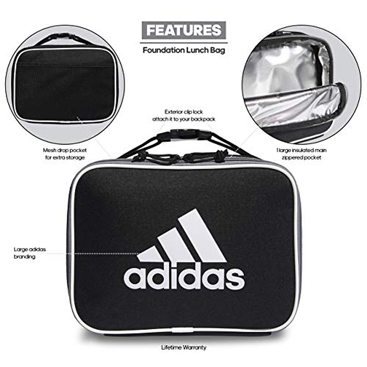 adidas Foundation Insulated Lunch Bag, Black/White, One Size