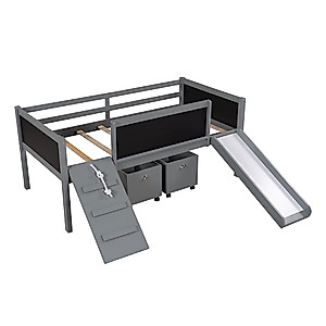 Harper & Bright Designs Kids Loft Bed with Slide, Twin Size Wooden Low Loft Bed Frame with Two Storage Boxes for Boys & Girls, Gray