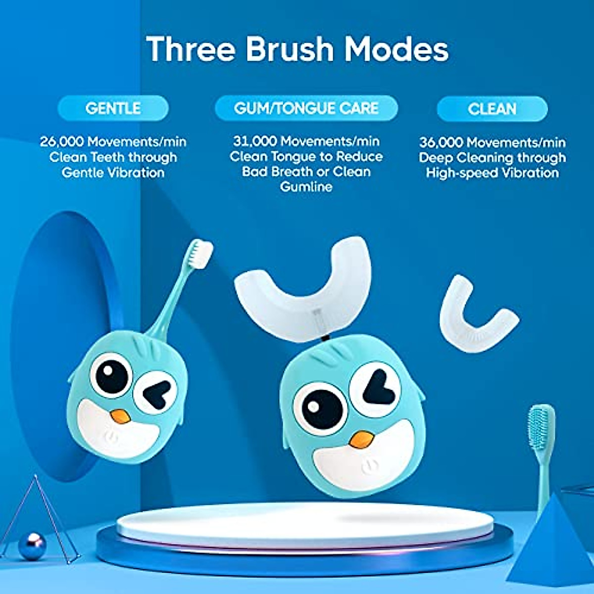 OKKOSTAR Electric Auto Toothbrush Kids U Shaped Toothbrush Set with 4 Brush Heads, BPA Free CPSIA Compliant, Kids 360 Toothbrush, Auto Brushes for Teeth Kids, Age 3-12