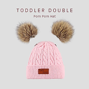 MODNTOGA Baby Girl Double Pom Pom Beanie Infant Baby Winter Hat Beanie Toddler Puff Ball Hat Warm Knitted Cap for 0-3 Years (Pink, 0-3 Years)