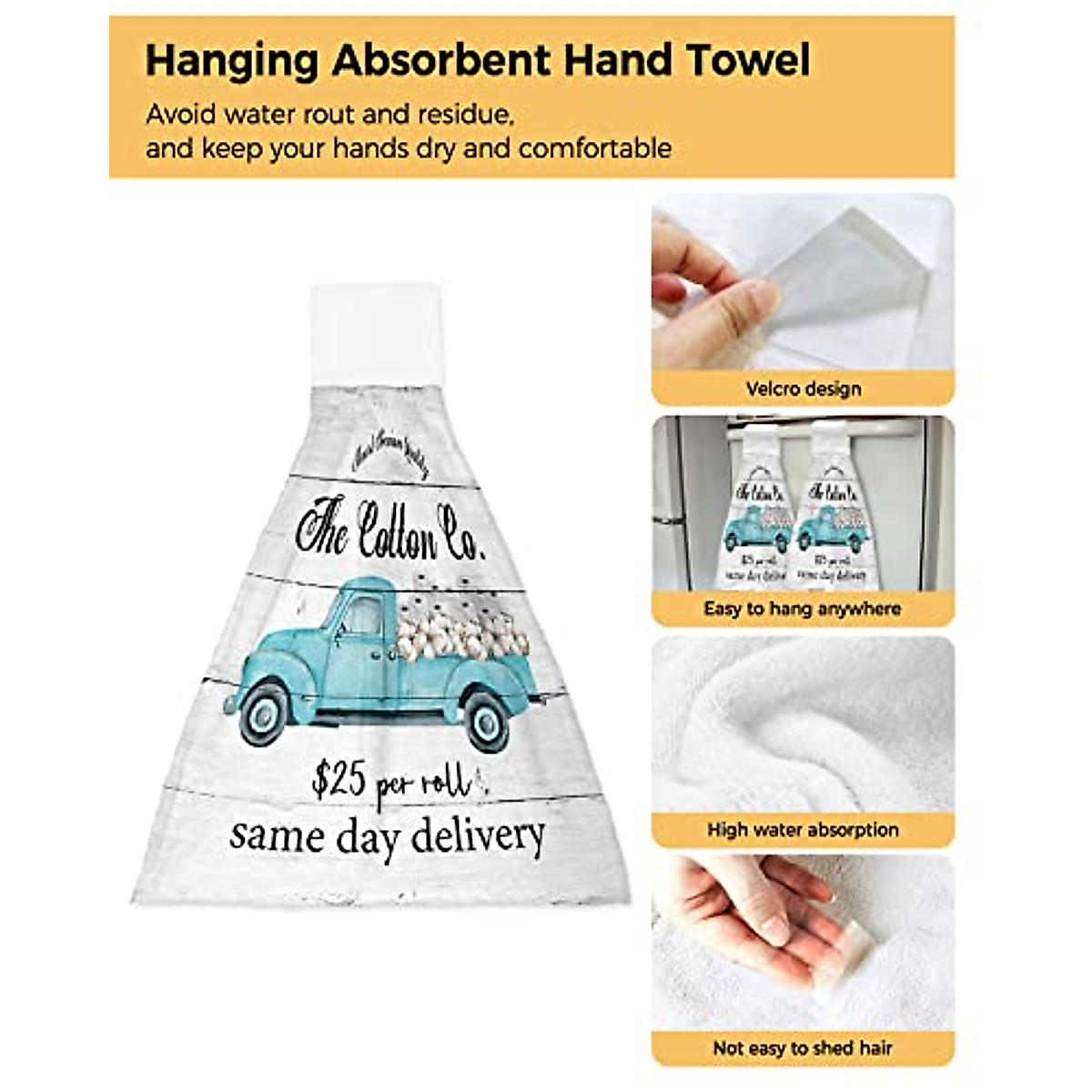 2 PCS Kitchen Hand Towels, Blue Truck Cotton Paper Soft Plush Hanging Tie Towels with Loop for Kitchen Bathroom Dish Cloth Tea Bar Towel Retro Wooden Stripes