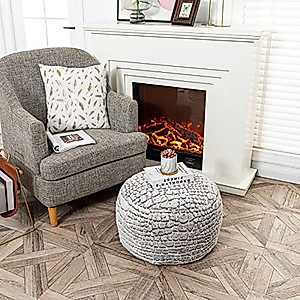 Unstuffed Ottoman Pouf Cover,Faux Fur Foot Stool, 20x12 Inches Fuzzy Chair, Round Ottoman Seat(NO Filler), Floor Bean Bag Chair,Foot Rest with Storage for Living Room, Bedroom Cover ONLY Coffee White