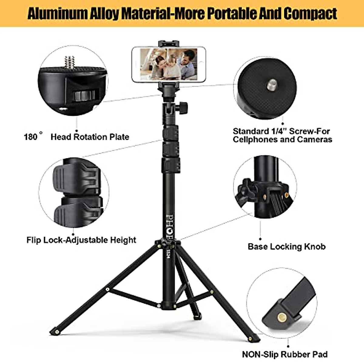 PHOPIK Phone Tripod Stand : Selfie Stick Tripod,Phone Tripod Extendable Camera & Cell Phone Tripod Stand for iPhone & Android Phone, Heavy Duty Aluminum, Lightweight