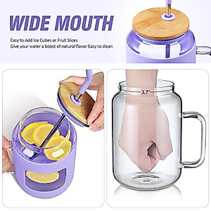 WINSA 50 oz Glass Water Bottles with Silicone Sleeve,Glass Tumbler with Lid and Straw,Iced Coffee Cup with Handle,BPA Free-Purple