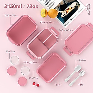 Jelife Bento Lunch Box for Adults - 3 Layers Leak-Proof Stackable Bento Box for Adults, 72oz Large-Style All-in-One Adult Lunchbox Bento Box with Utensil Accessories for Dining Out,Work, Pink