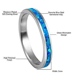 Aloha Jewelry Company 925 Sterling Silver 3mm Opal Stackable Wedding Ring Eternity Band, Blue White Opal, Rhodium Plated, Hypoallergenic for Sensitive Skin, Gift Box Included (3mm Blue Opal, 8)