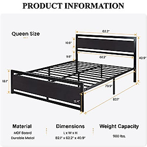 SHA CERLIN Queen Size Bed Frame with Modern Wooden Headboard/Heavy Duty Platform Metal Bed Frame with Square Frame Footboard & 13 Strong Metal Slats Support/No Box Spring