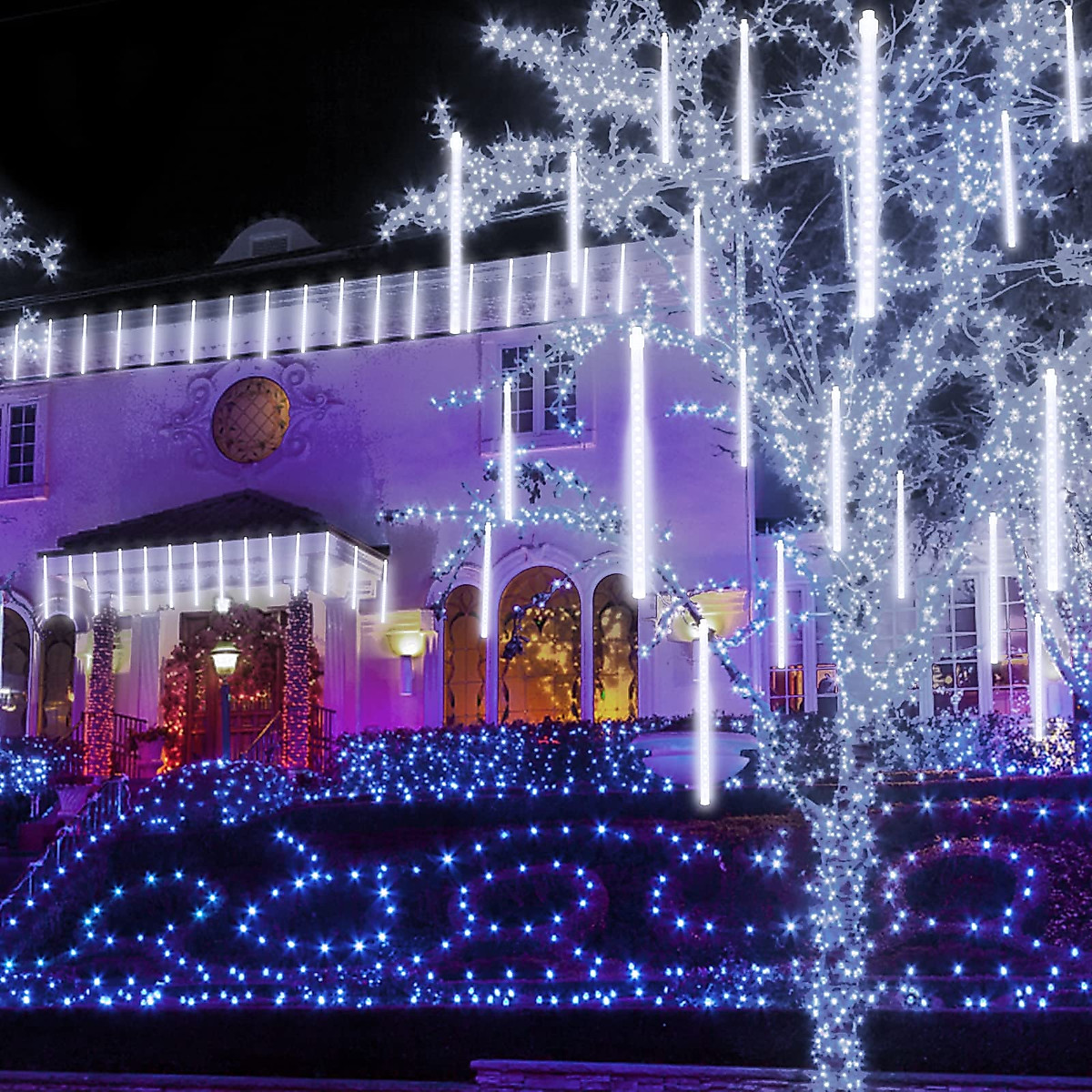 TAO XIANG QI 288 LED Christmas Lights Meteor Shower Rain Outdoor Decor, 8 Tube 12.2 Inch Waterproof Plug in Falling Fairy String Light Decoration Tree Holiday Party Home (Cool White)