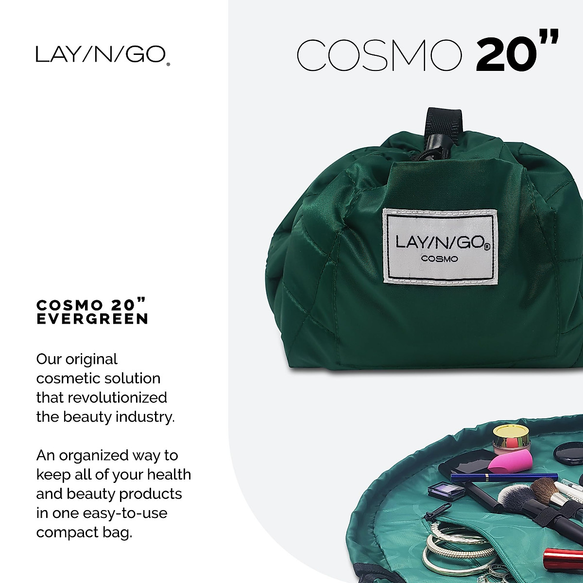 Lay-n-Go Cosmo Drawstring Cosmetic & Makeup Bag Organizer - Portable Drawstring Makeup Bag w/Zipper Pocket, Makeup Loops & More - Durable, Machine Washable Makeup Bag for Travel (20”, Evergreen)