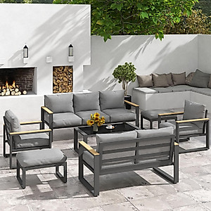 RoyalCraft 2 Pieces Aluminum Outdoor Patio Ottoman Set, Outdoor Foot Stools with Thick Cushion, Small Seat Furniture for Porch Balcony Backyard, Grey