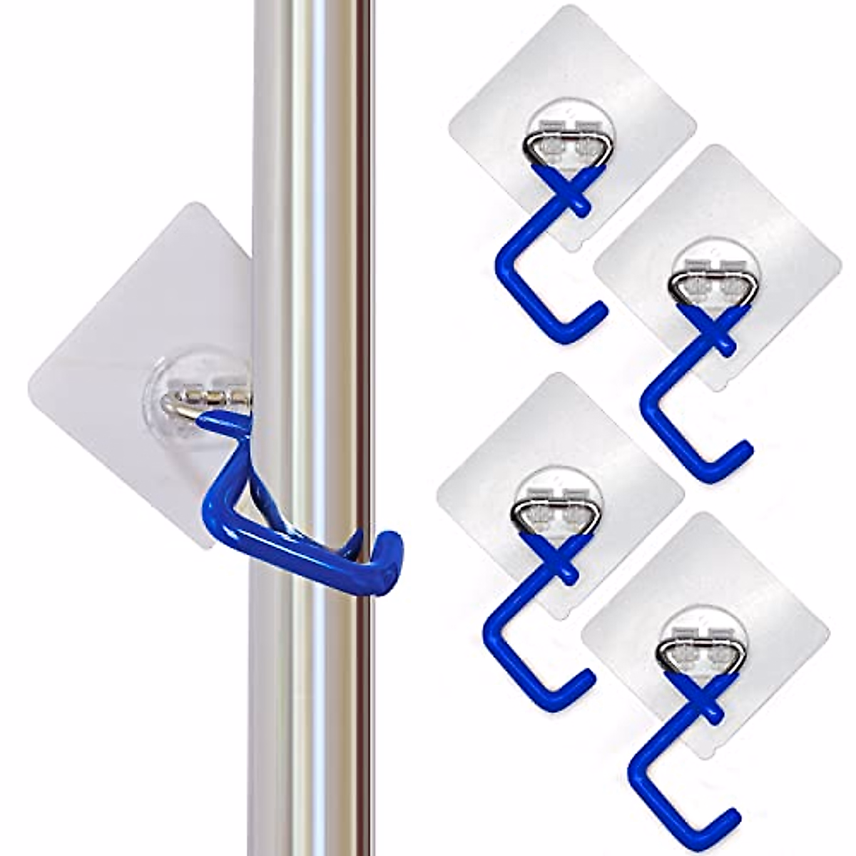 Broom Holder Wall Mount Self Adhesive 4 Pack, Mop Hanger No Drilling Super Anti-Slip, Wall Mount Tool Racks Stainless Steel Mop and Broom Hooks Organizer(Blue)