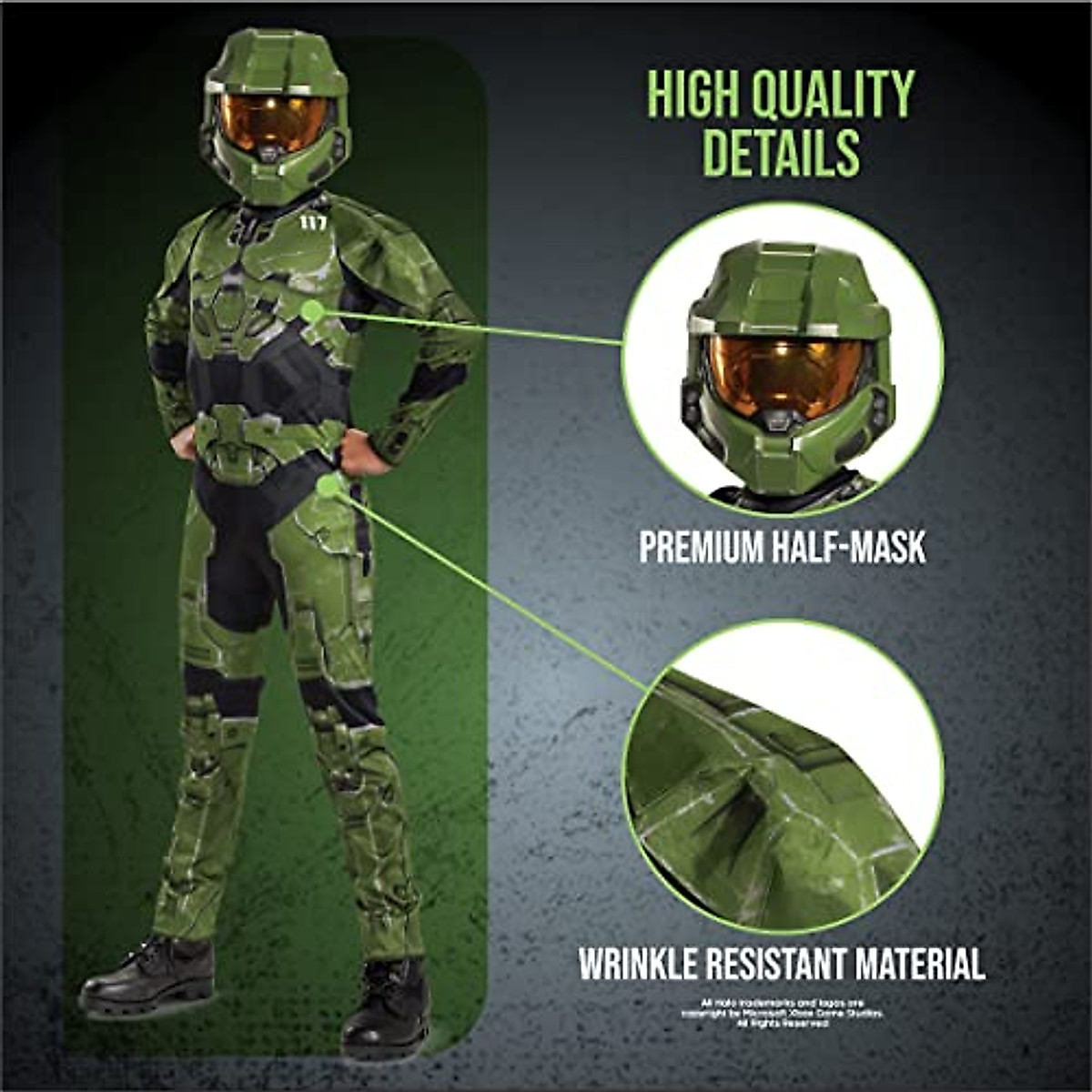 Halo Infinite Master Chief Costume, Kids Size Video Game Inspired Character Jumpsuit, Classic Child Size Large (10-12), Green & Black