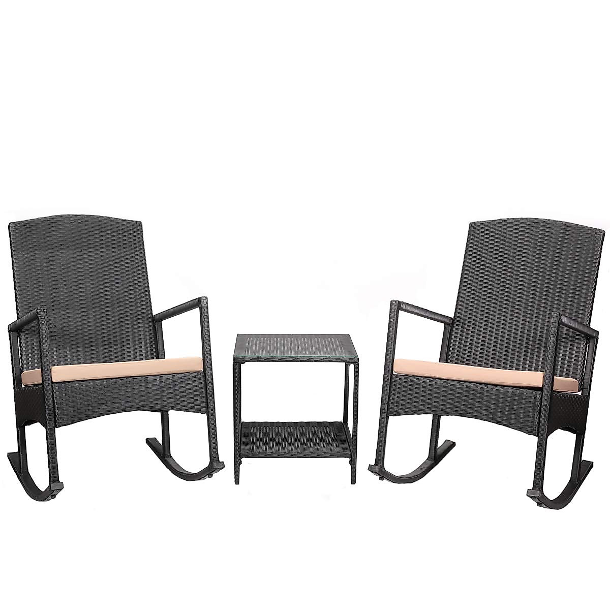 Barton 3 Pieces High Back Rocking Chair Set w/Glass Table Black Outdoor Patio Furniture Wicker Rattan Modern Conversation Chat Seating