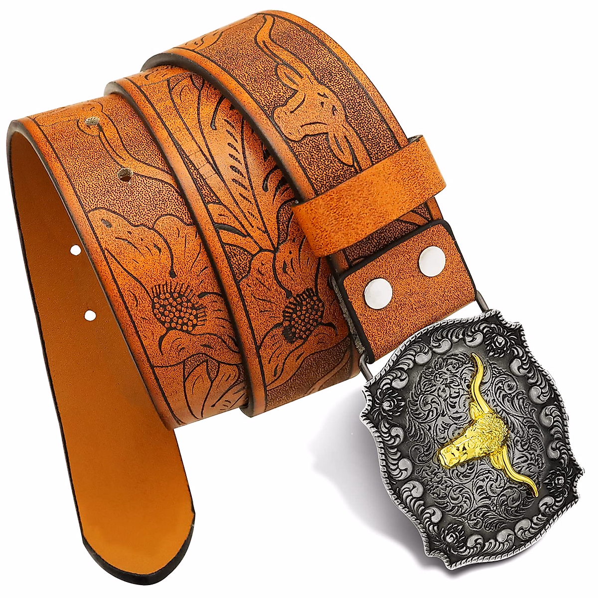 RechicGu Mens Western Leather Buckle Belt, Bull Head Engraved Brown Cowboy Concho Belts With Long Horn Bull Buckles, 1-1/2 Inch Wide S Silver