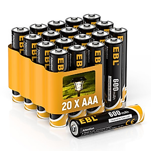 EBL Rechargeable AAA Batteries AAA Solar Battery for Outdoor Solar Lights Garden Light Replacement 1.2V 600mAh Battery AAA Size - 20 Packs