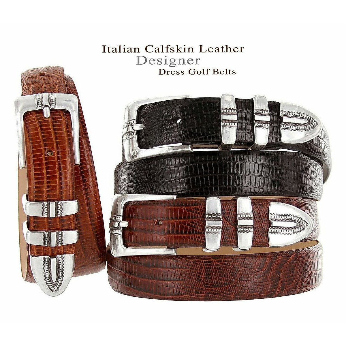Kaymen Italian Calfskin Genuine Leather Designer Golf Dress Belt 1-1/8"(30mm) Wide (Alligator Brown, 40)