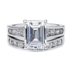 BERRICLE Sterling Silver Solitaire Wedding Engagement Rings 3.8 Carat Emerald Cut Cubic Zirconia CZ Statement Ring Set for Women, Rhodium Plated Size 6