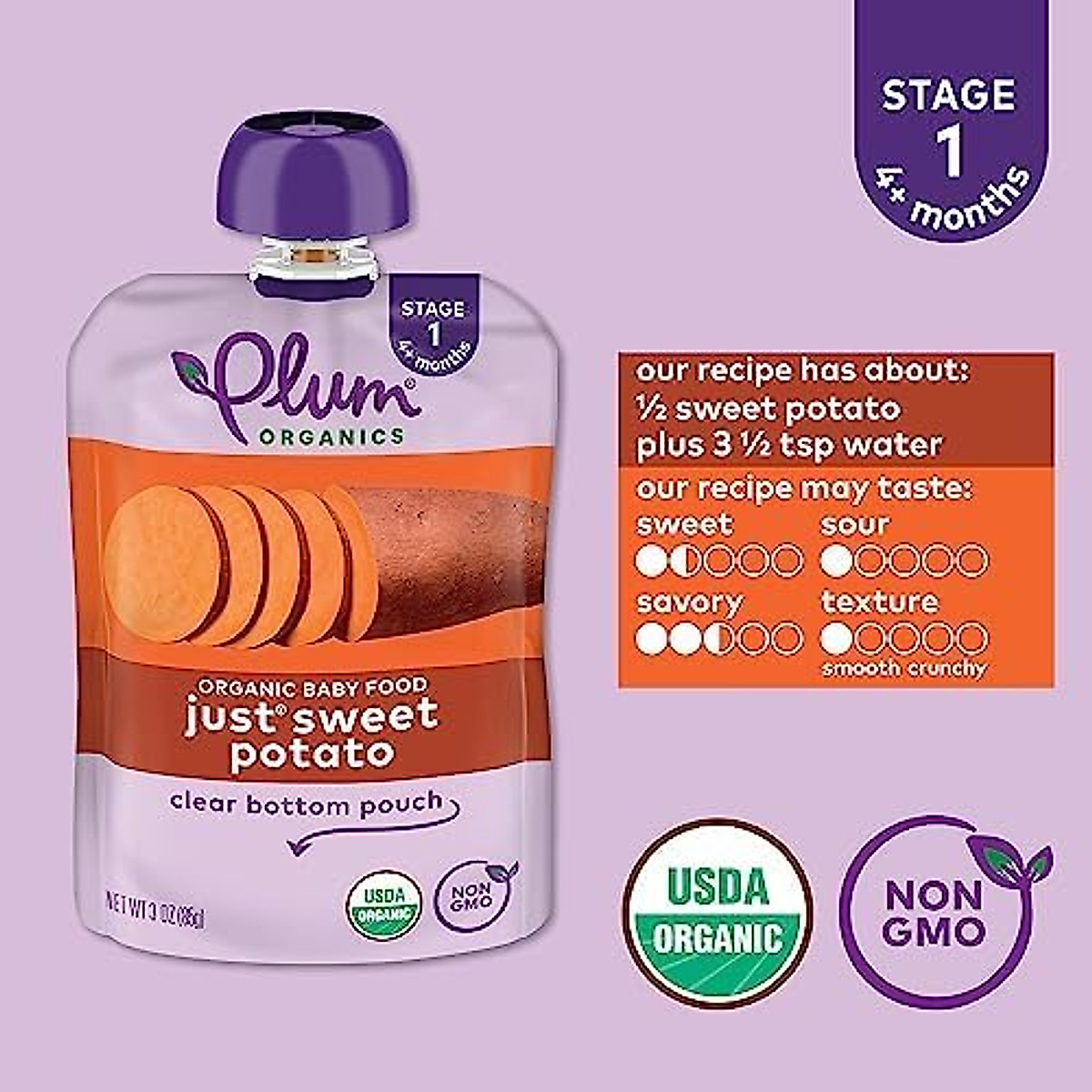 Plum Organics | Stage 1 | Organic Baby Food Meals [4+ Months] | Just Sweet Potato | 3 Ounce Pouch (Pack Of 12) Packaging May Vary