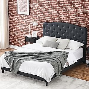 GAOMON Queen Size Platform Bed Frame with Button Tufted Headboard, Faux Leather Upholstered Mattress Foundation, Wooden Slat Support, No Box Spring Needed, Black