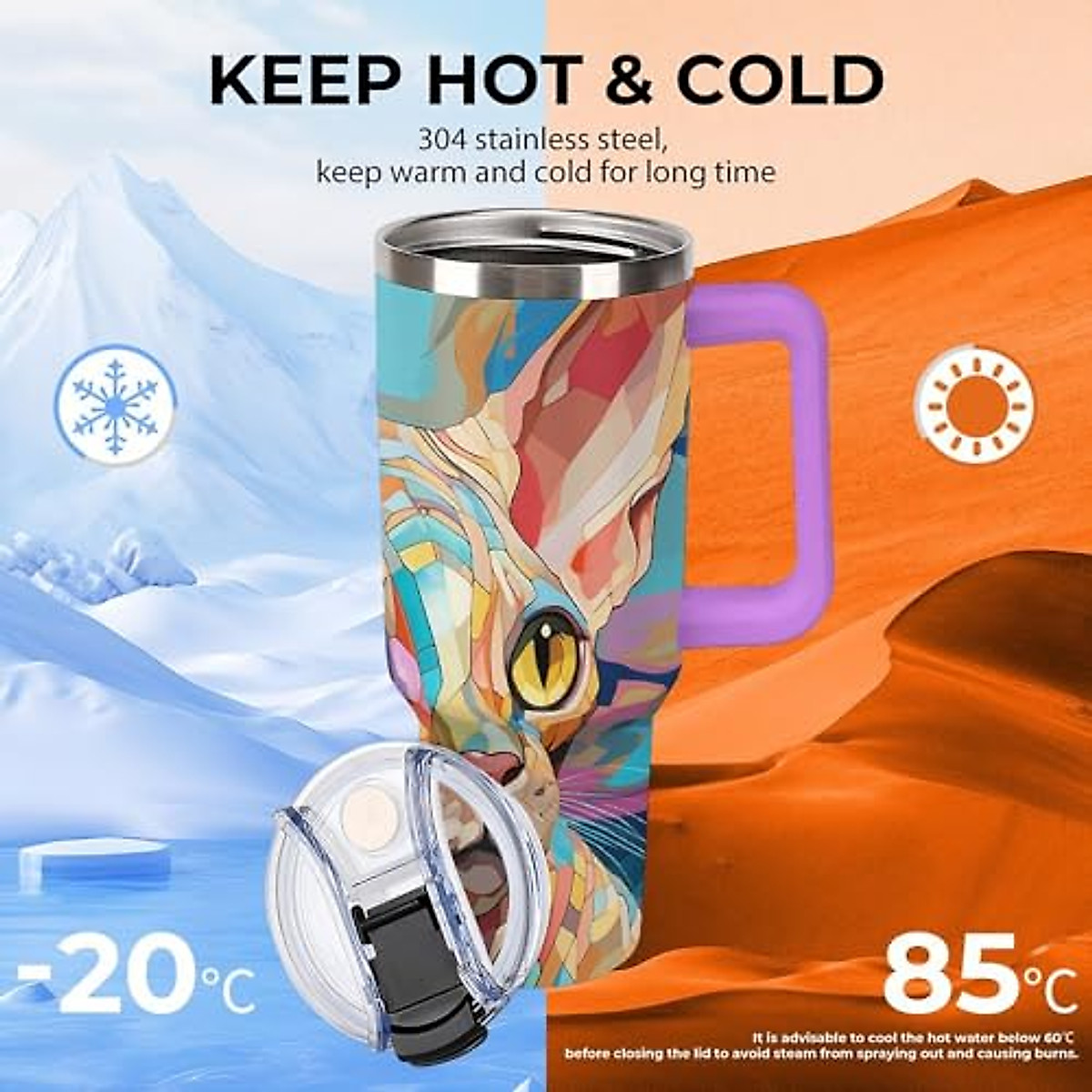 Sphynxs Cat Print 40 Oz Car Cup Stainless Steel Travel Mug Leak-Proof Insulated Tumbler with Handle Violet-style