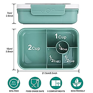 MaMix Bento Lunch Boxes for Adults Kids, Bento Box Adult Lunch Box, 5 Compartment Lunch Box Containers for Adults, Meal Prep Containers Accessories Reusable & Leakproof (Green)