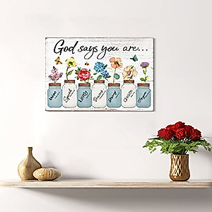Inspirational Floral Canvas Wall Art: God Says You Are Positive Quotes Wall Decor, Flowers in Mason Jar Picture Motivational Bible Verse Poster for Women Bedroom Home Decoration 10" x 15"