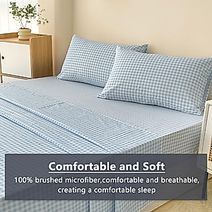 NSNLGSGC Light Blue Gingham Twin Kids Sheet Set, Soft Brushed Microfiber Baby Blue Plaid Twin Bed Sheets, 3-Pieces Sheet Set with Deep Pocket