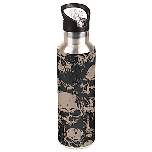 YoCosy Insulated Stainless Steel Water Bottle with Straw 20oz Retro Vintage Skull Skeleton Gothic Sports Water Bottles BPA Free Leakproof Metal Vacuum Flask Jug for Kids Gym Fitness
