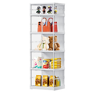 EHAMILY 5-Tier 5Grids Folding Storage Box with Doors Clear Plastic Collapsible Storage Bins with Lids Easy to Assemble Foldable Storage Cabinets with Wheels Large Stackable Closet Organizer White