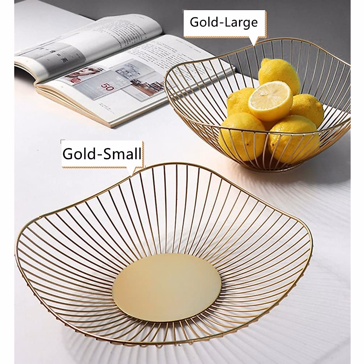 NatureMan Kitchen counter fruit bowl Large fruit basket bowl Metal wavy storage basket Kitchen vegetable and fruit bowl, used to hold fruits, vegetables and bread (Gold-Small)