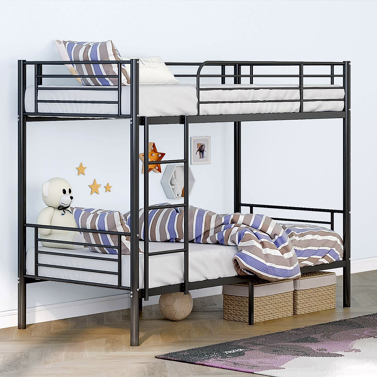 mecor Metal Bunk Bed Twin Over Twin - Sturdy Frame with Safety Guard Rail & Removable Ladder - for Kids/Teens/Adults (Black)