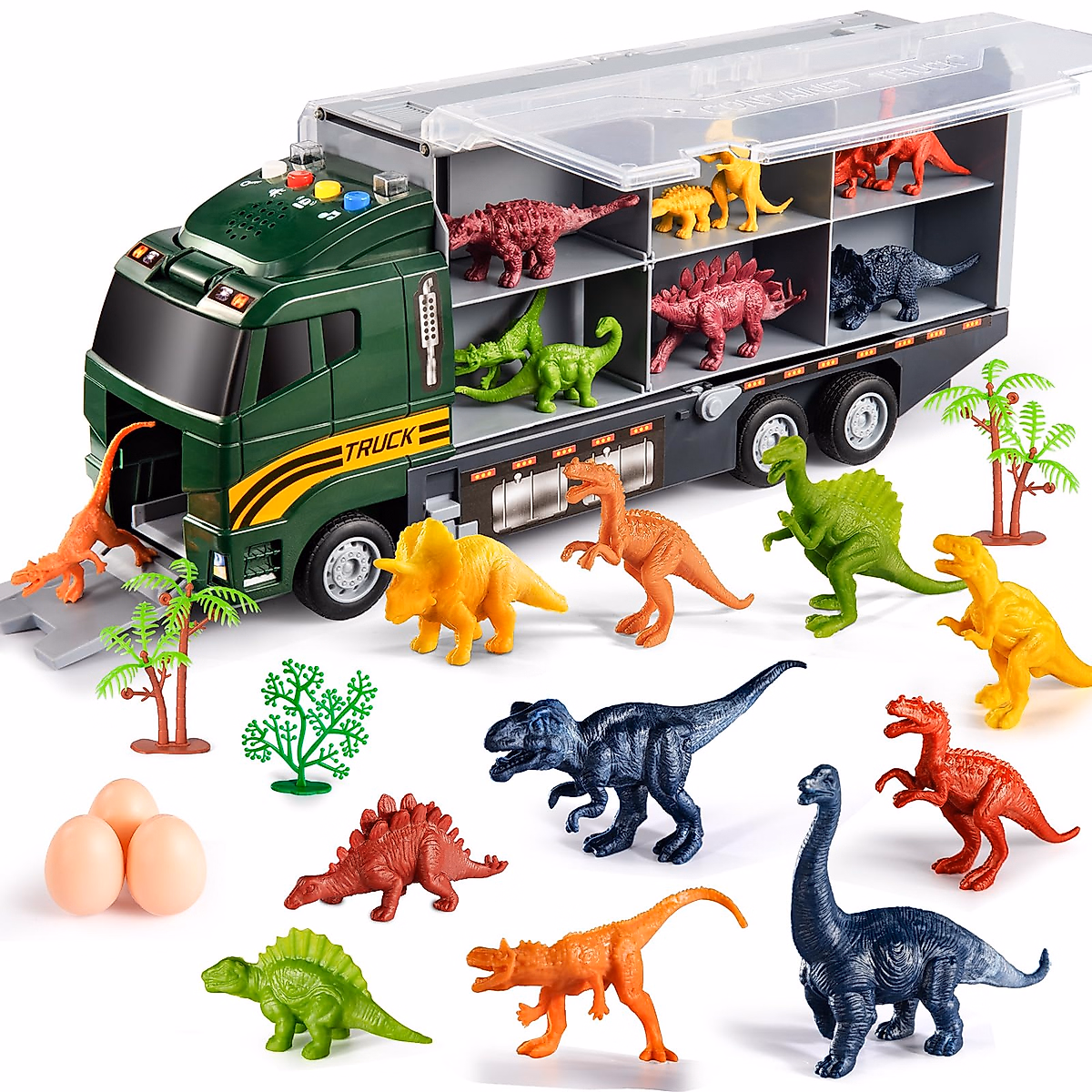 TEMI 39 in 1 Dinosaur Truck Toys for Kids 3-5, Toddler Toys Transport Vehicle Carrier Car with Lights, Music and Sounds, Dinosaur Play Set w/Dino Eggs & Activity Play Mat, Gift for Boys Girls