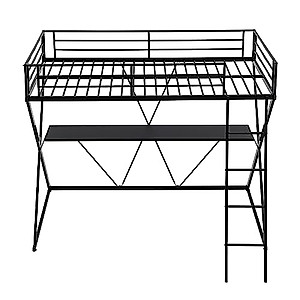 DEYOBED Twin Size Metal Loft Bed with Desk, X-Shaped Frame, Ladder, and Guardrails, Space-Saving Kids' Bedroom Furniture, Black
