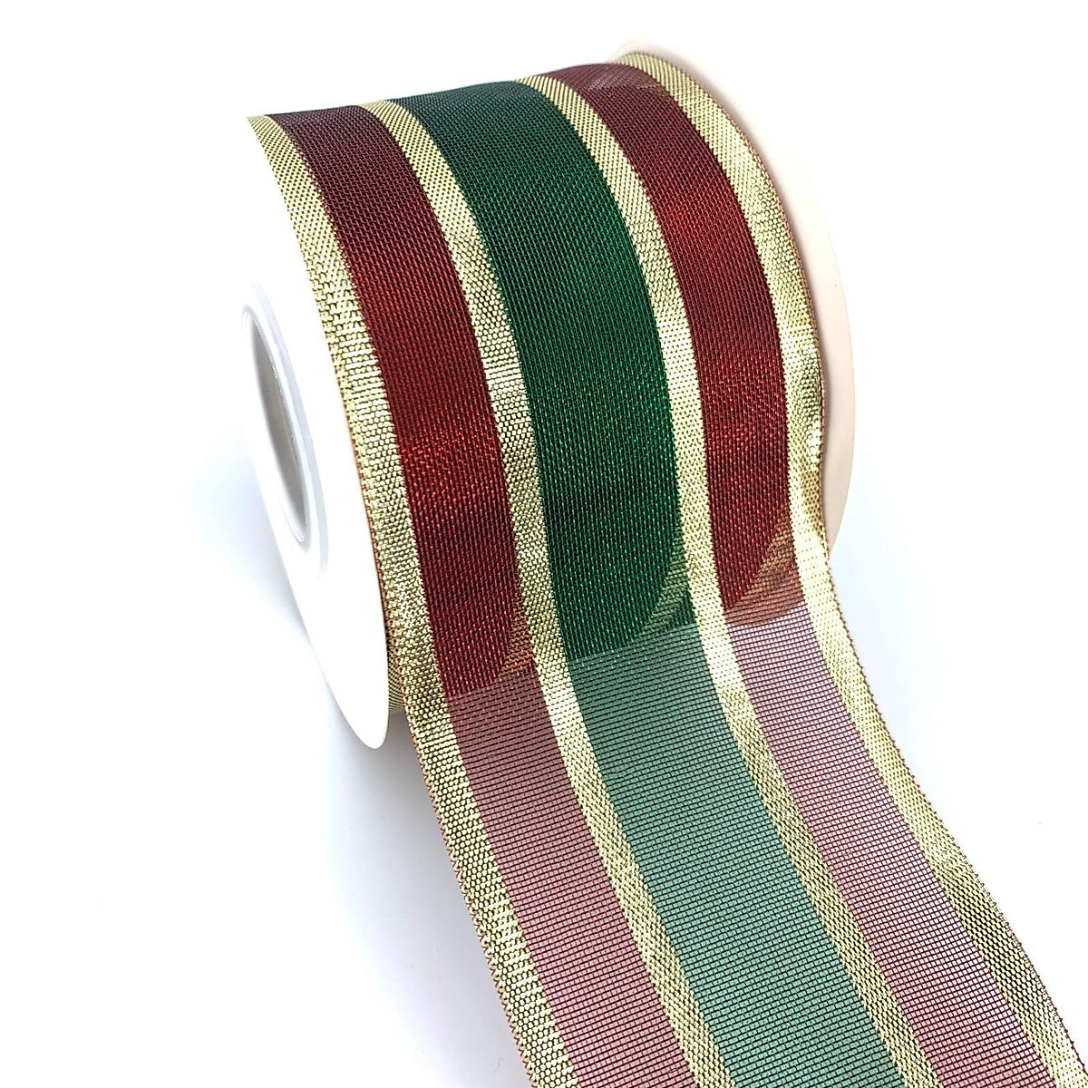XMRIBBON Metallic Christmas Wired Ribbon Gold Red Green Striped Ribbon - 2 1/2" x 10 Meters,for Gift Wrapping, Tree Topper, Garland, Wreath