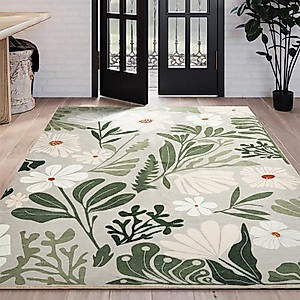 RoomTalks Cute Funky Bedroom Rugs Aesthetic Decor, 4x6 Washable Area Rug Non Slip Sage Green Boho Floral Botanical Rug Modern Abstract Throw Rug Accent Carpet for Living Room Kitchen Entryway Dorm