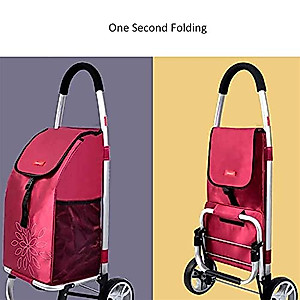 OMOONS Shopping Cart 55L Shopping Trolley Aluminum Alloy Shopping Cart Oxcloth Folding Utility Cart Grocery Cart for Home Office Utility Cart/Red