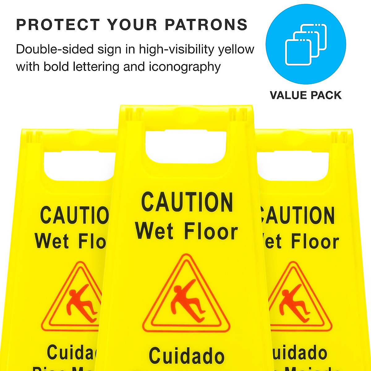 Bolthead Industrial Caution Wet Floor Signs | 2-Sided Bilingual Warning, Piso Mojado | Slip & Fall Accident Prevention | 3 Pack